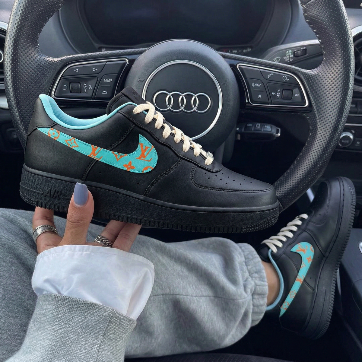 Black Baby Blue Orange LV Logo Custom Air Force 1 – SHECUSTOMIZE
