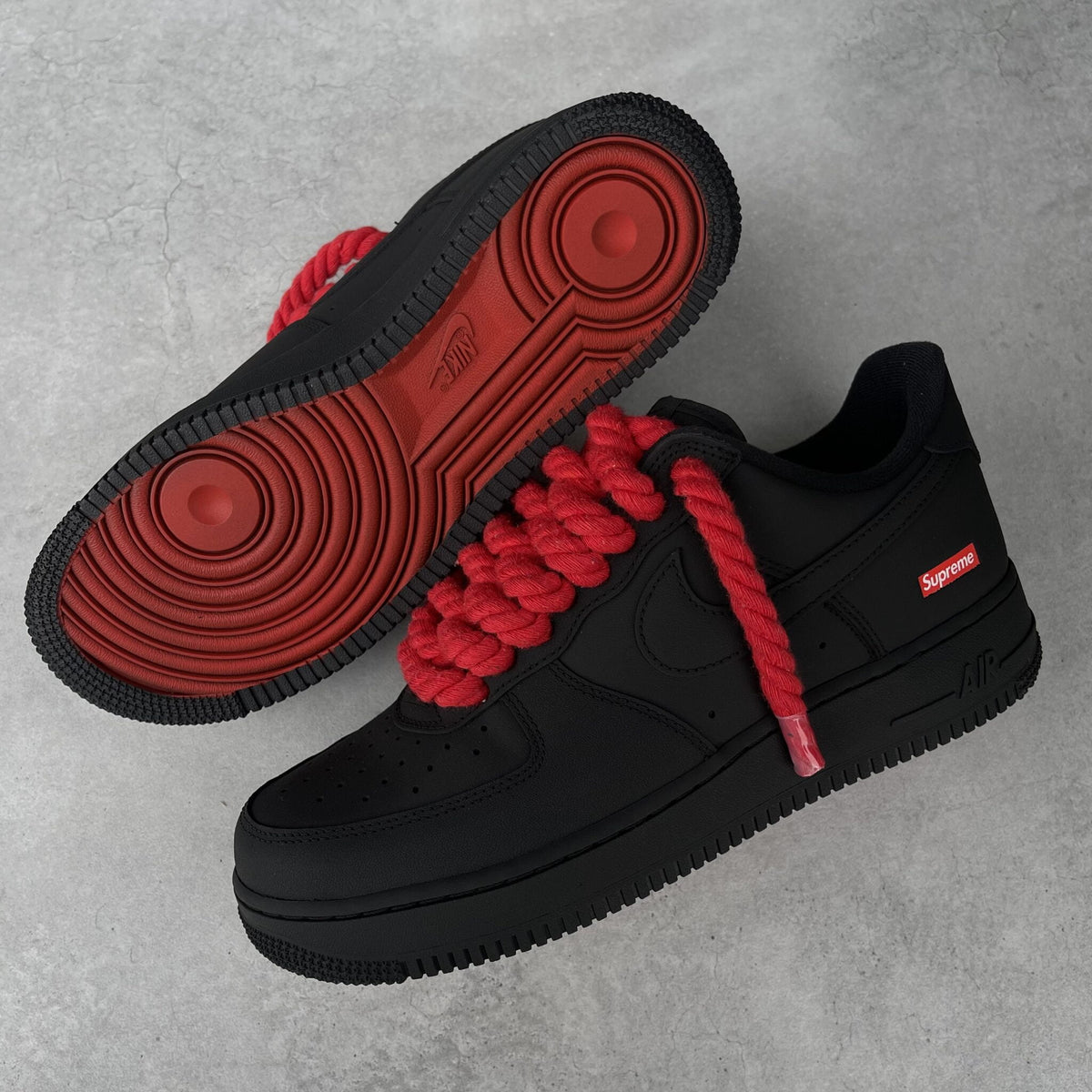 Custom Air Force 1 Black Red Rope Supreme Logo – SHECUSTOMIZE