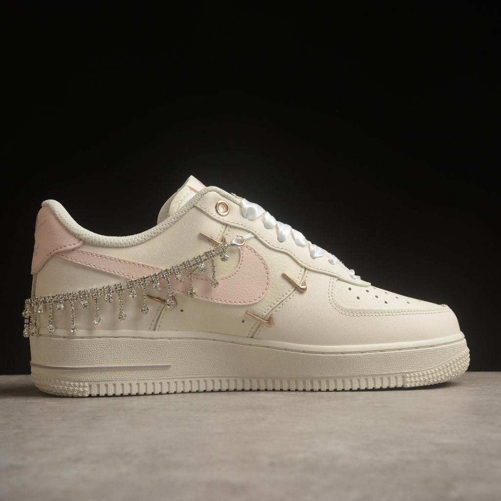 Custom Air Force 1 Cream Baby Pink With Rhinestone Fringe – SHECUSTOMIZE