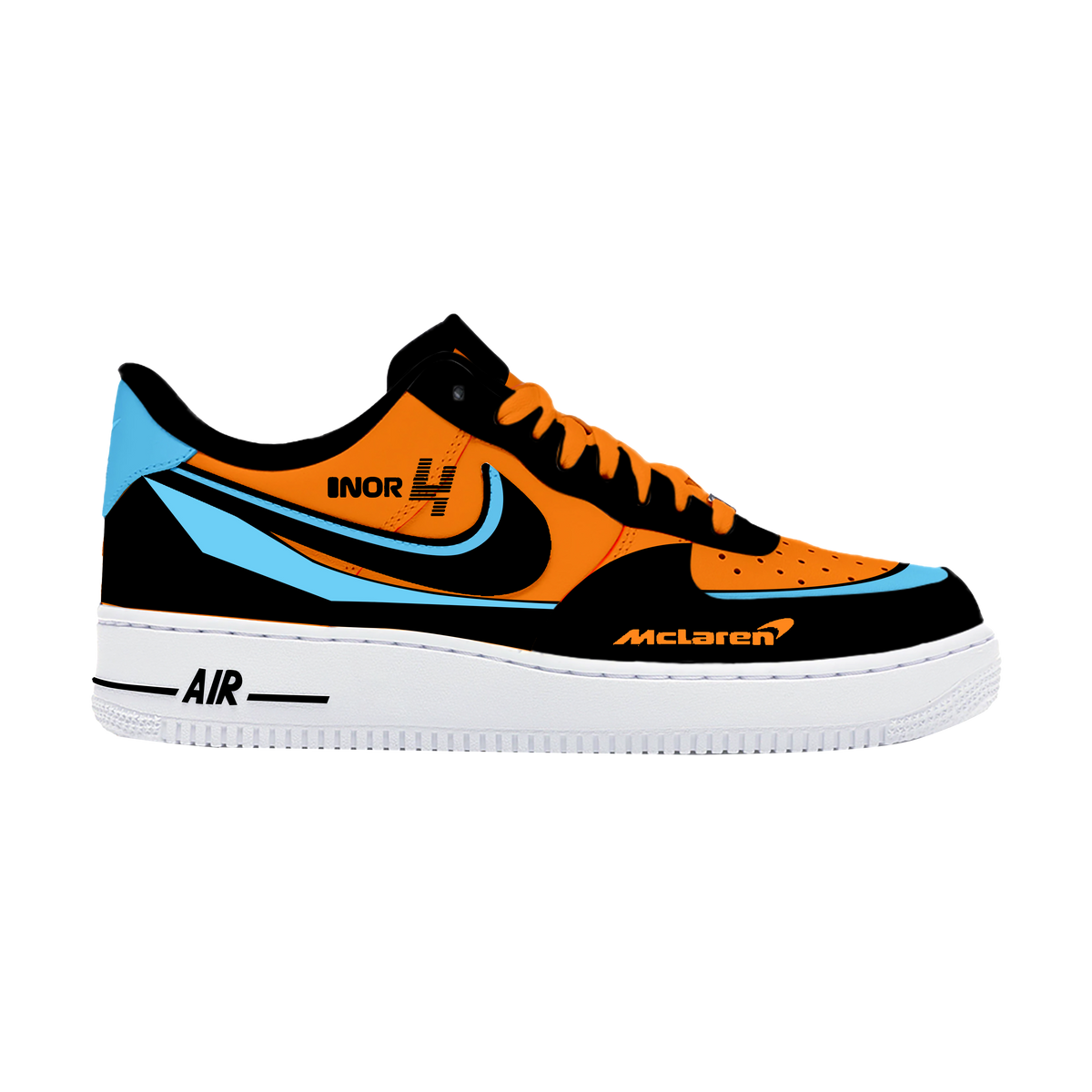 Custom Air Force 1 Orange Black Baby Blue Racing Logo Design – SHECUSTOMIZE