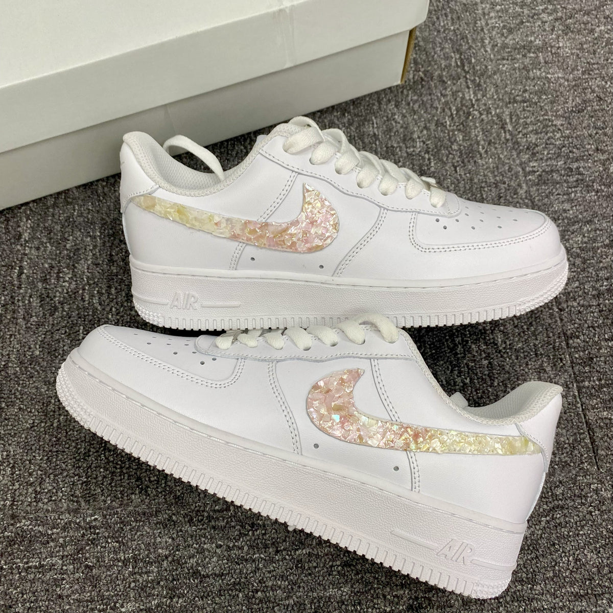 Custom Air Force 1 White Dual - Tone Iridescent Shard Swoosh – SHECUSTOMIZE