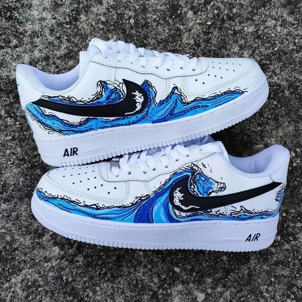 Sleek Blue and Black Wave Pattern Design Custom Air Force 1 – SHECUSTOMIZE